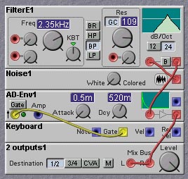 Figure 4.9. Patch for creating pitched noise with a resonant filter (J. Clark).